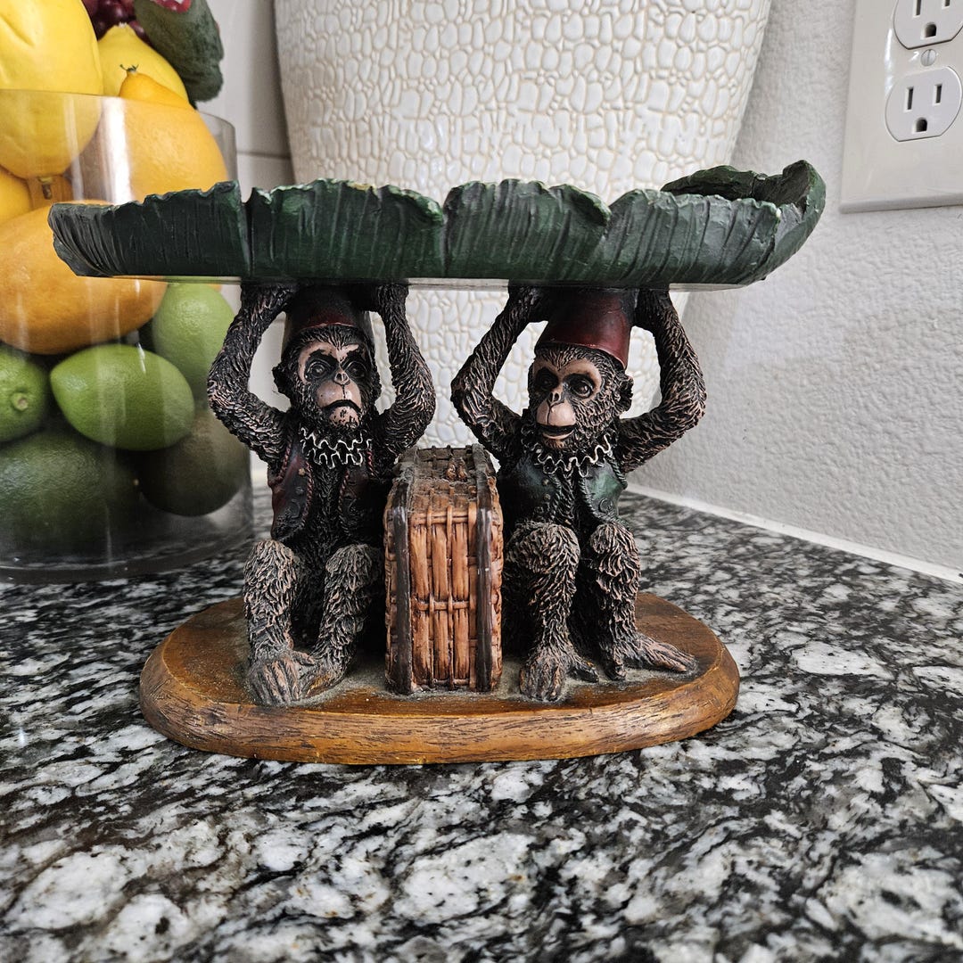 Vintage Ceramic Denzine Hand Painted Monkey's Sculpture Holding up Leaf ...