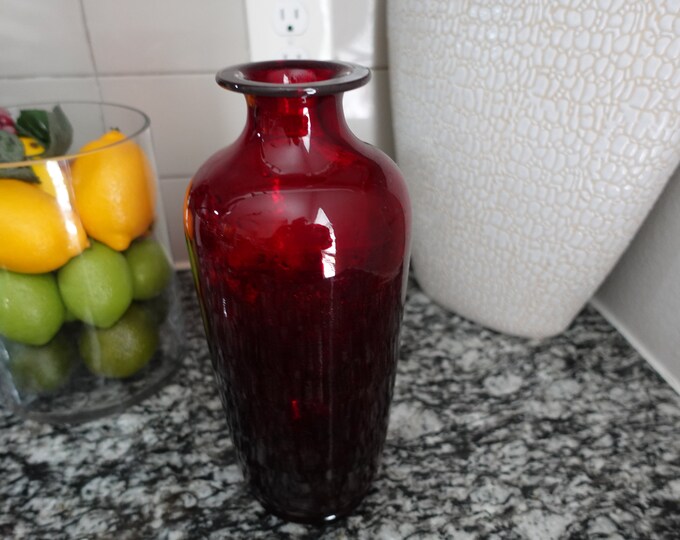 Vintage Large Heavy Crimson Red Bottleneck Hand Blown Vase W Air ...