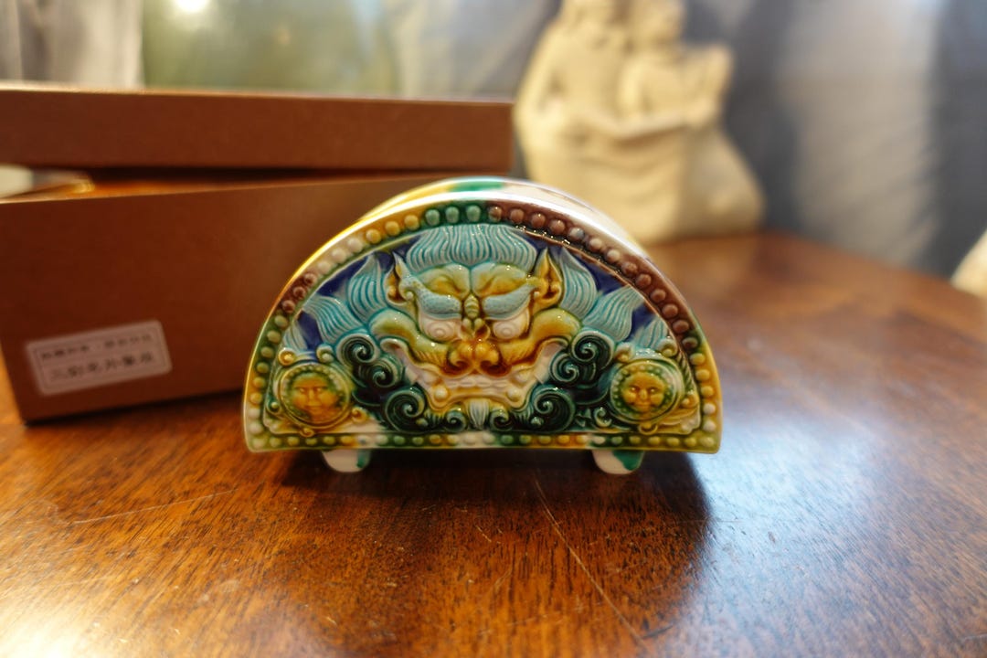 Vintage Chinese Ceramic Style Tri Color Glazed Letter Card Holder Lion ...