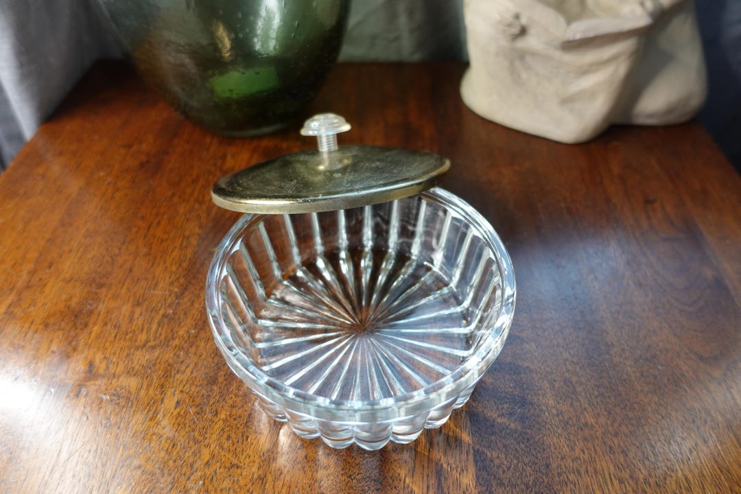 Vintage Vanity Ribbed Glass Container With Metal Lid-trinket Dish With ...