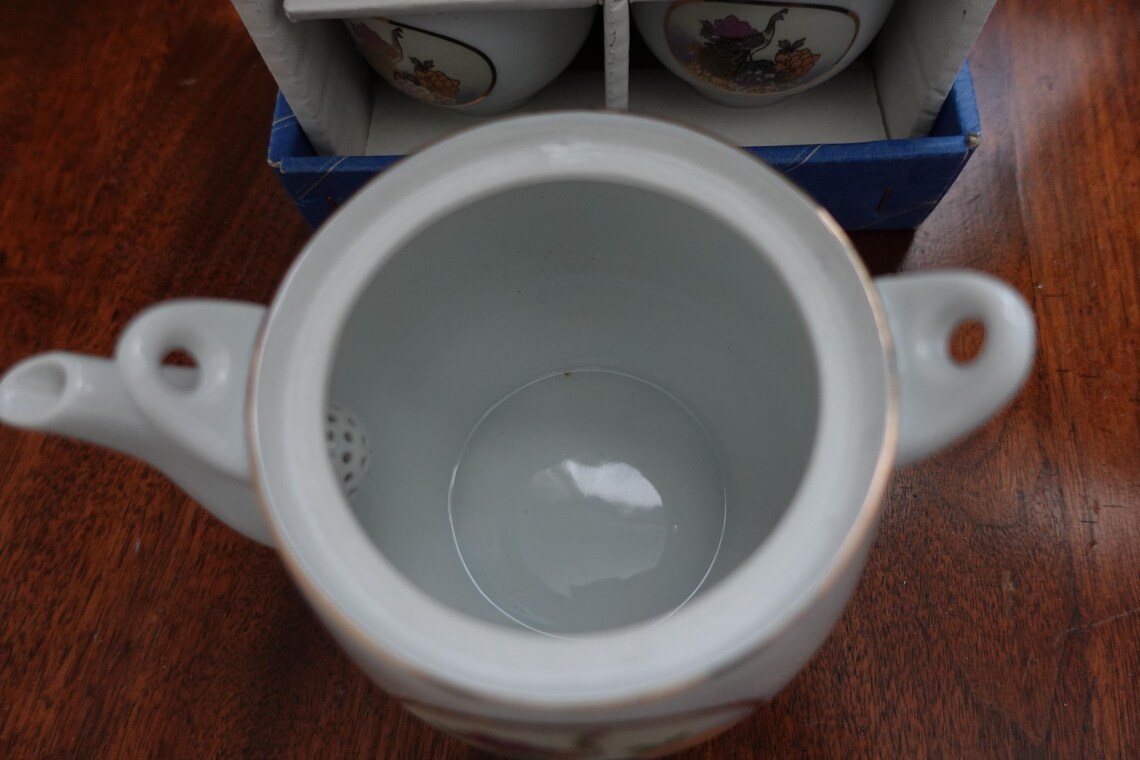 Vintage Japanese Kyogama Fine China Tea Set Bamboo Handle Gold Peacock ...