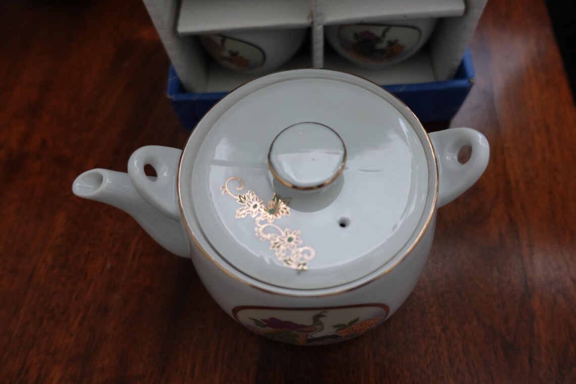 Vintage Japanese Kyogama Fine China Tea Set Bamboo Handle Gold Peacock ...