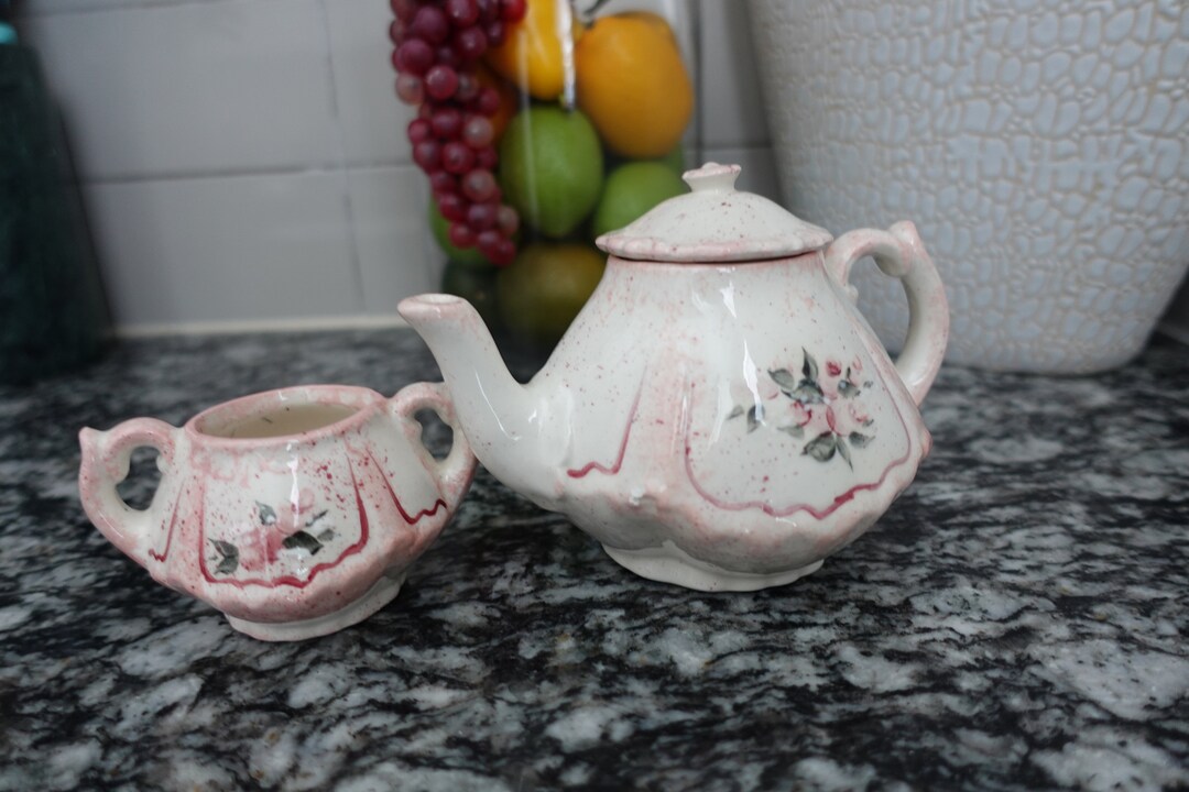 Vintage Nancy Boozer Signed Sugar and Creamer Set in White and Pink ...