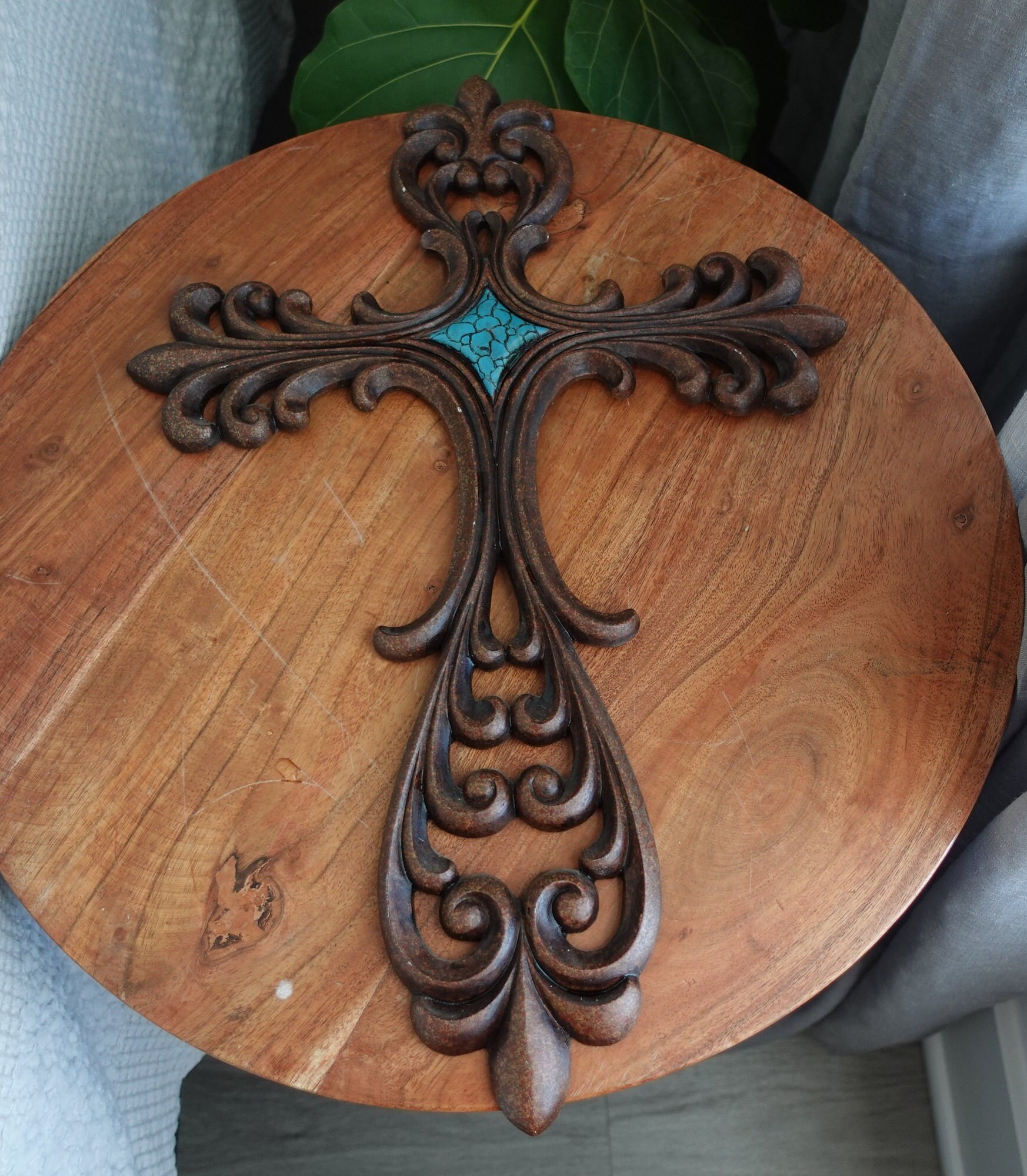 Large Decorative Brown Wall Cross With Blue Topaz Accent Center - Etsy
