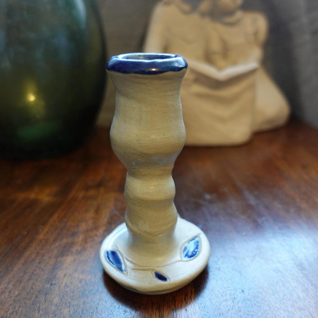 Antique Hand Carved Cobalt Salt Glaze Williamsburg Pottery Candlestick ...