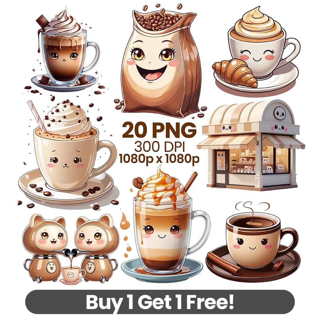 Kawaii Coffee Clipart Bundle | Mocha, Croissant, Beans PNG (digital ...