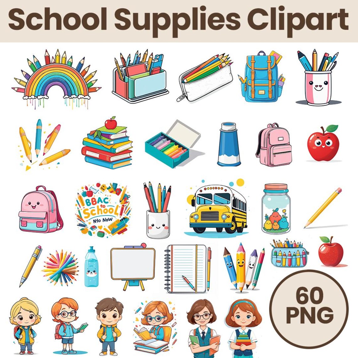 School Supplies Clipart Bundle: (60 PNG Files) Back to School, Teacher ...