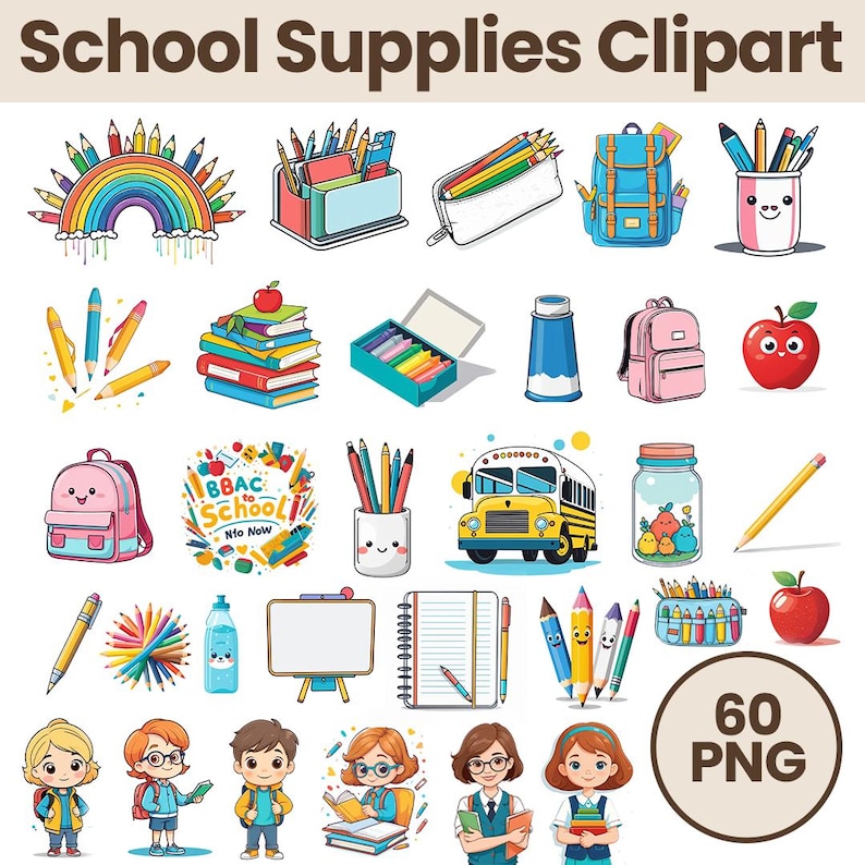 School Supplies Clipart Bundle: (60 PNG Files) Back to School, Teacher ...