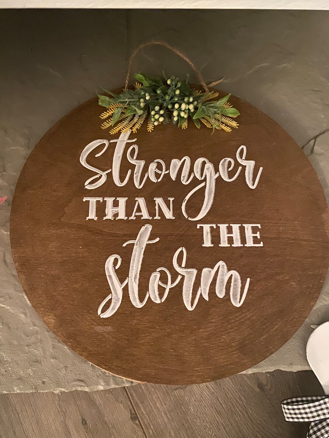 Stained Wood Round Wall Decor Sign Embellished With Green and Yellow ...
