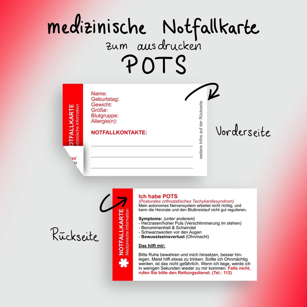POTS Medical Emergency Card to Print Out and Fill Out - Etsy