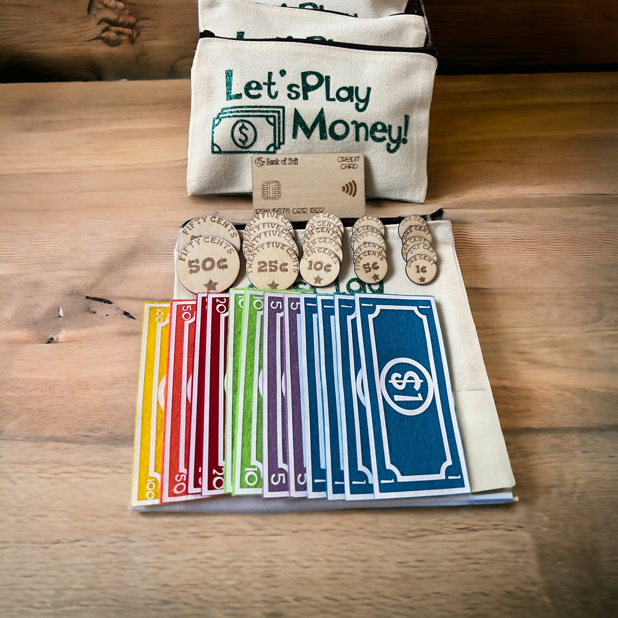 Montessori Play Money Set: Felt Bills, Wooden Coins, Personalized Card ...