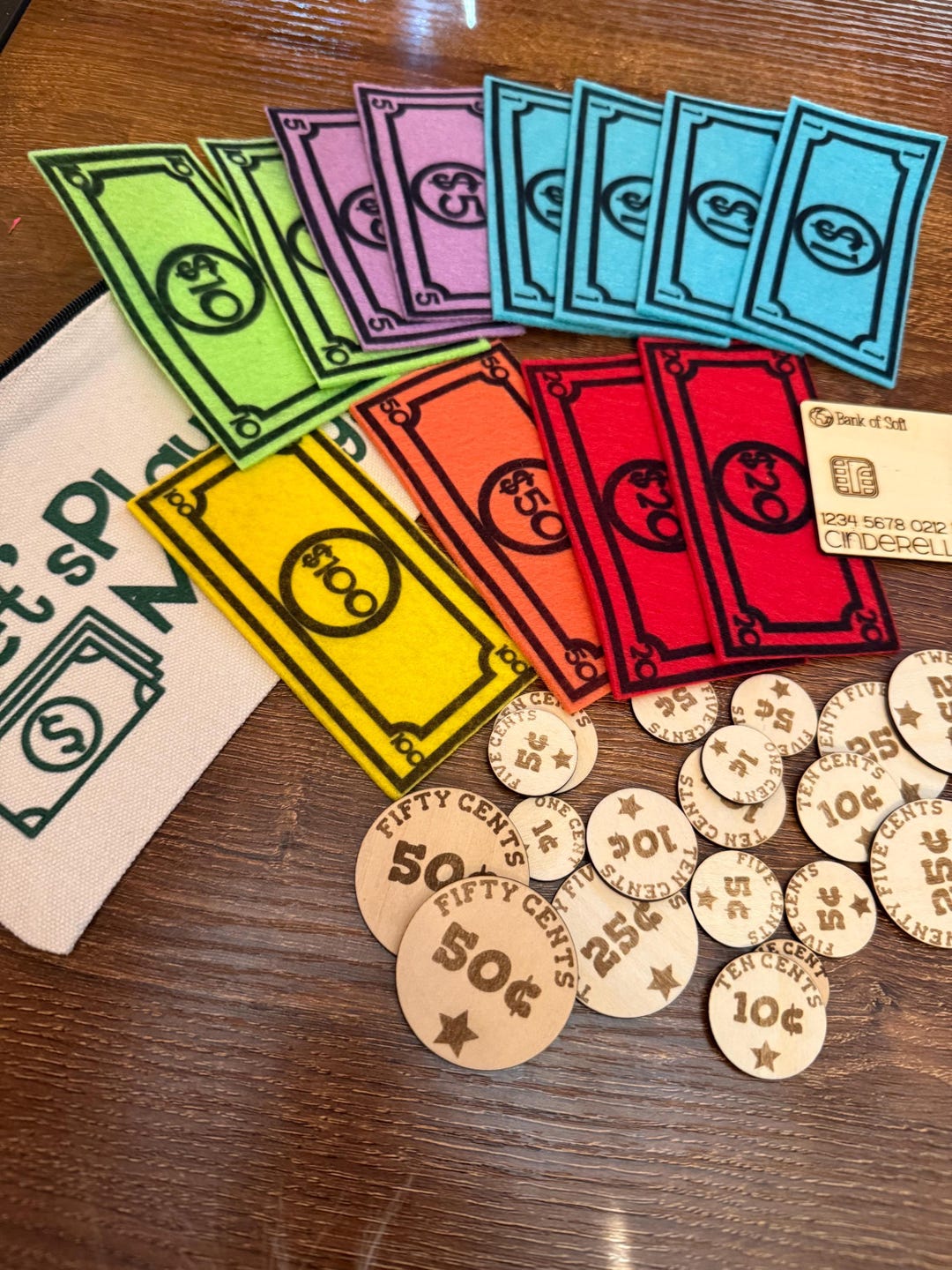 Montessori Play Money Set: Felt Bills, Wooden Coins, Personalized Card ...