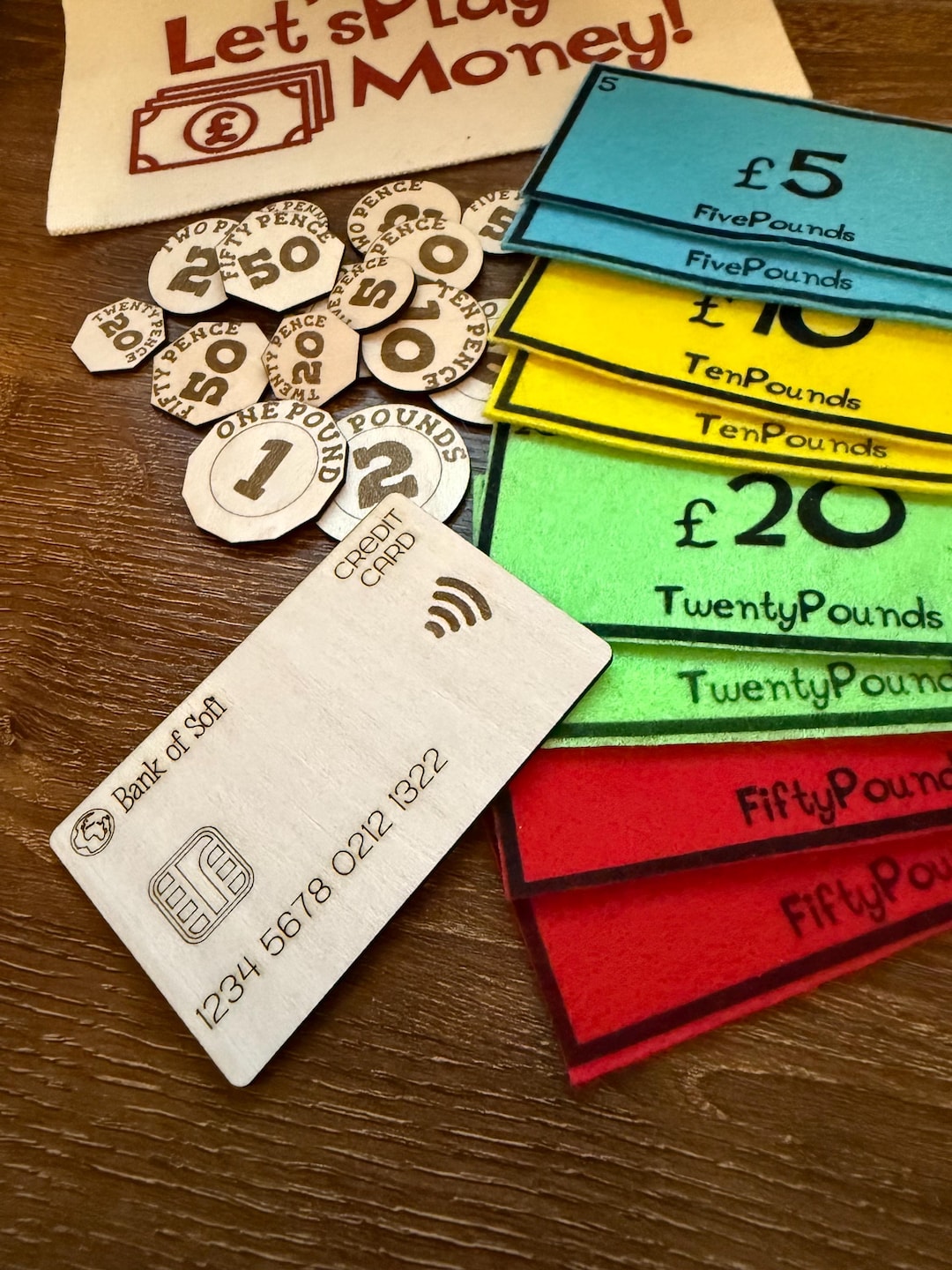 Montessori Play Money Set, Pound Sterling: Felt Bills, Wooden Coins ...