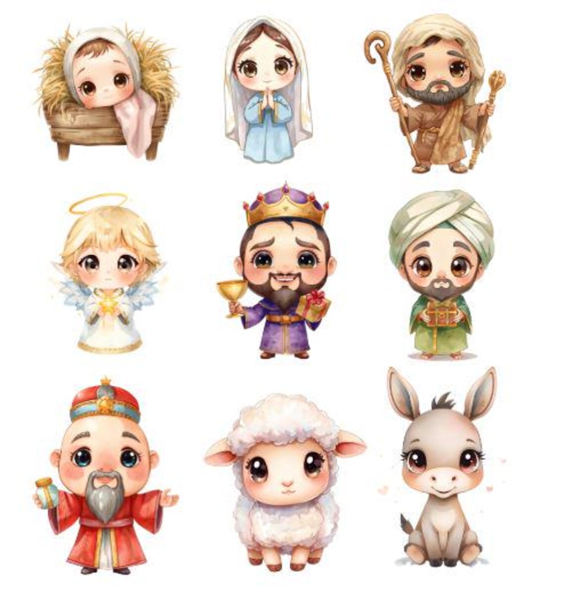 Watercolor Chibi Nativity Clipart Set | Cute Christmas PNG Bundle ...