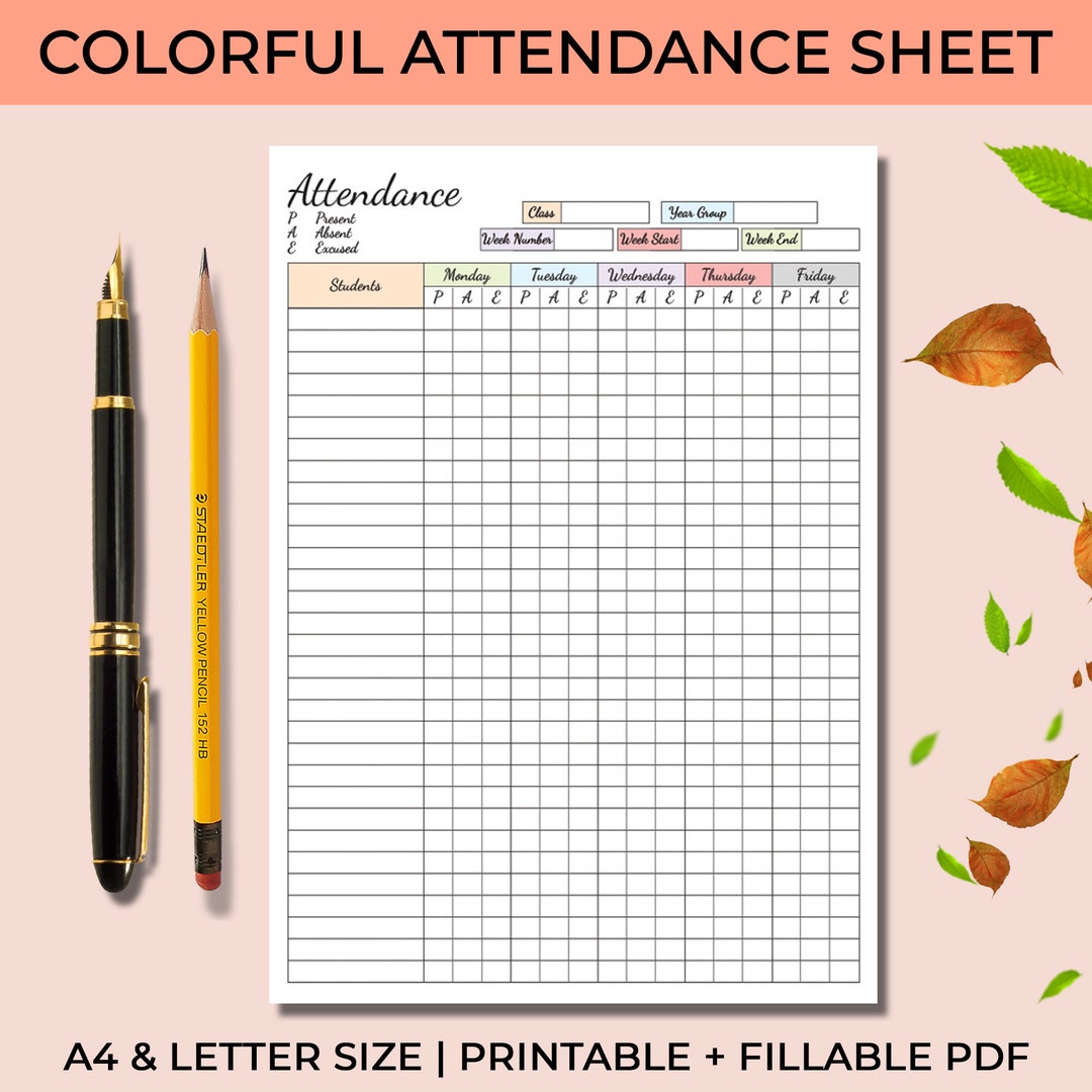 Colorful Attendance Sheet Attendance Sheet Printable Editable ...