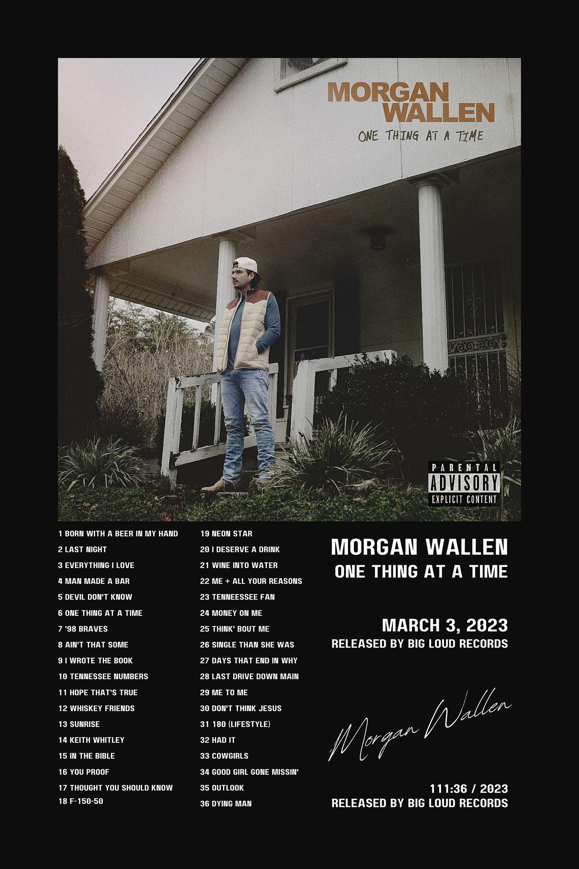 Morgan Wallen One Thing at A Time Album Poster Color Optional Album Art ...