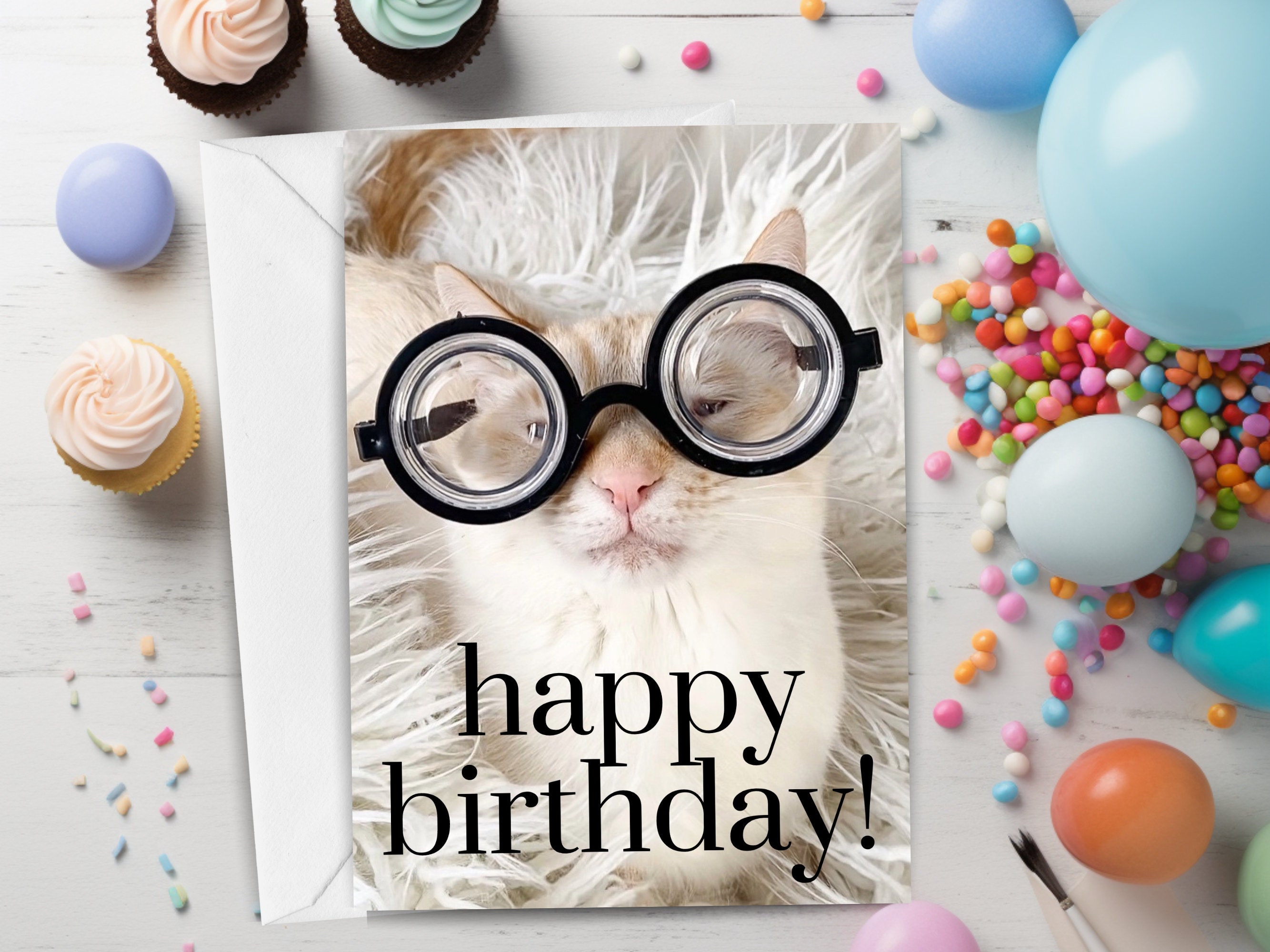 Printable Birthday Card, Happy Birthday, Cat in Geezer Glasses ...