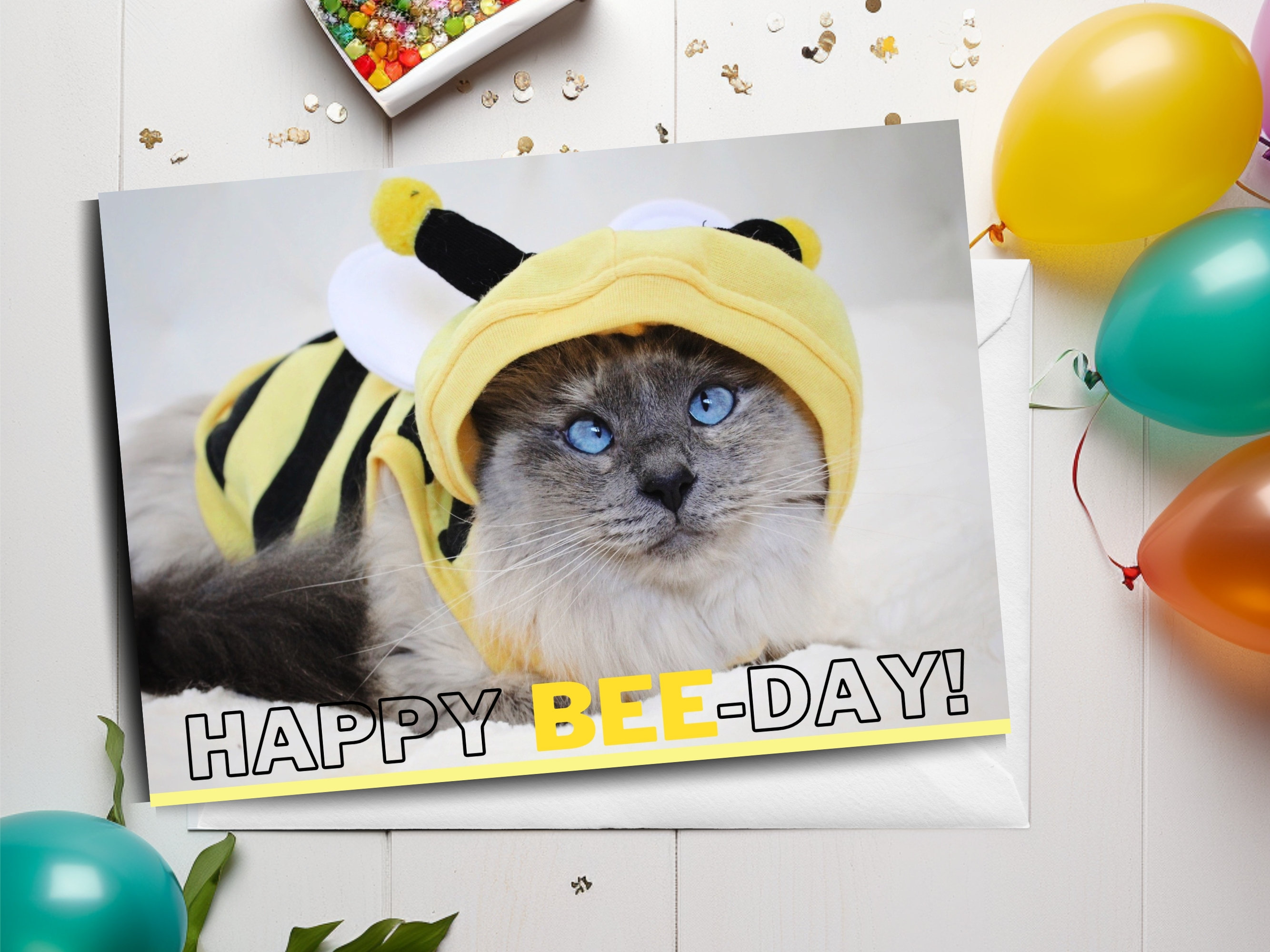 Printable Birthday Card, Happy Bee-day, Cat in Bumble Bee Costume ...
