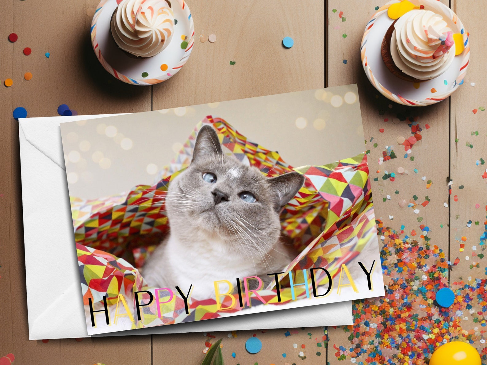 Printable Birthday Card, Happy Birthday, Cat in Tissue Paper, Printable ...