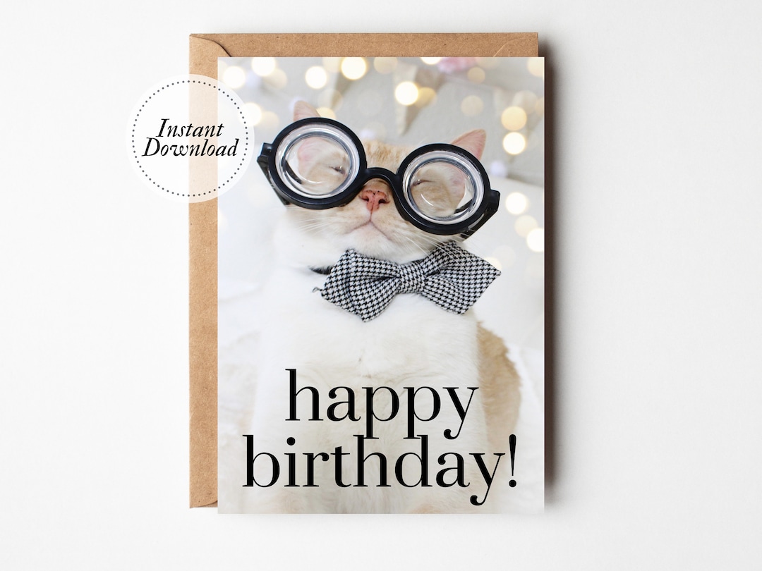 Printable Cat Card - Happy Birthday - Nerdy Cat - Etsy