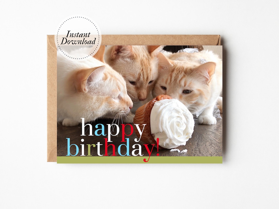 Printable Birthday Card, Happy Birthday, Cats and Cupcake, Printable ...
