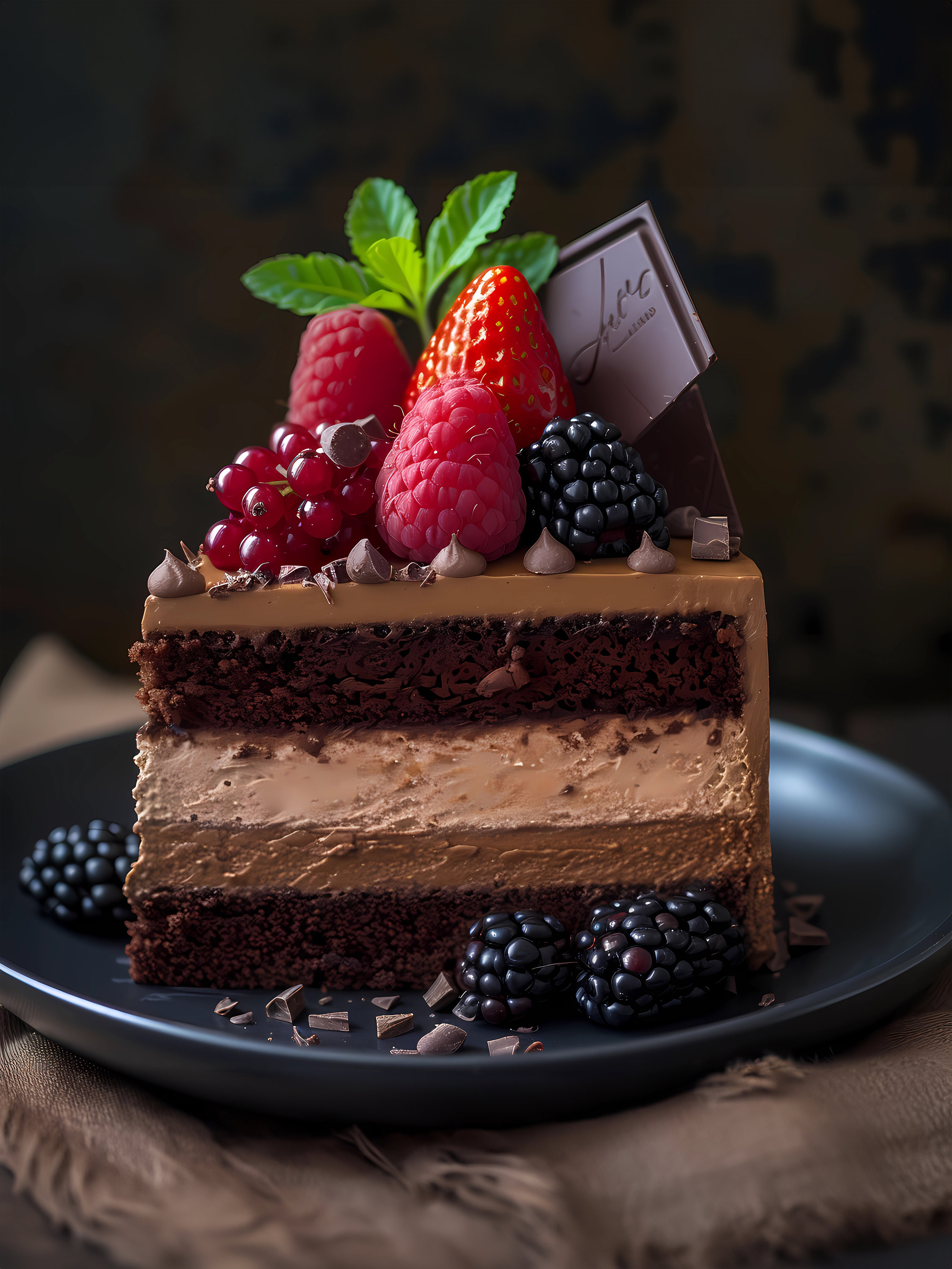 Chocolate Mousse Cake Piece With Fruits - Etsy