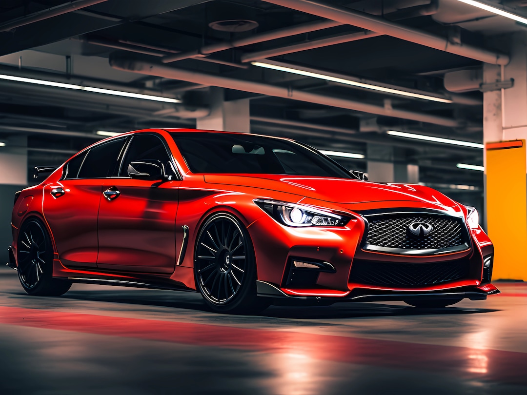 Red Infiniti Q50 Parked in Garage - Etsy
