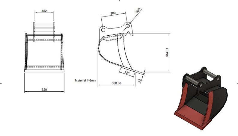 1 Ton Excavator Shovel . Bucket. Dxf Files. Lasercut Bobcat E10. Wacker ...