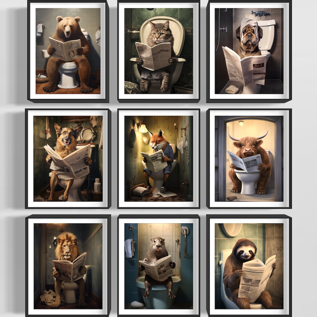Funny Bathroom Wall Art Set, Animal Sitting on the Toilet, Bathroom ...
