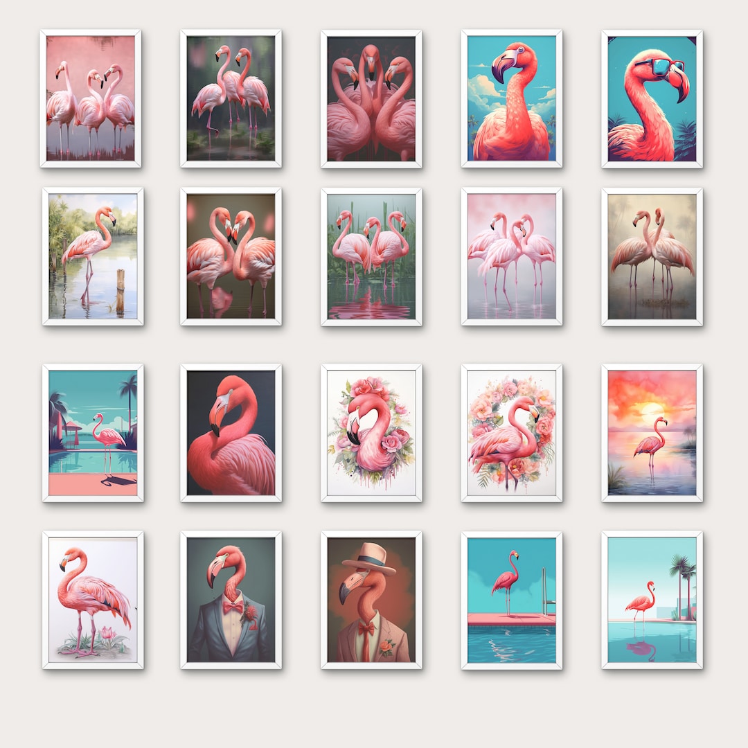 Flamingo Prints Set of 40 | Digital Downloads for Tropical Wall Decor ...