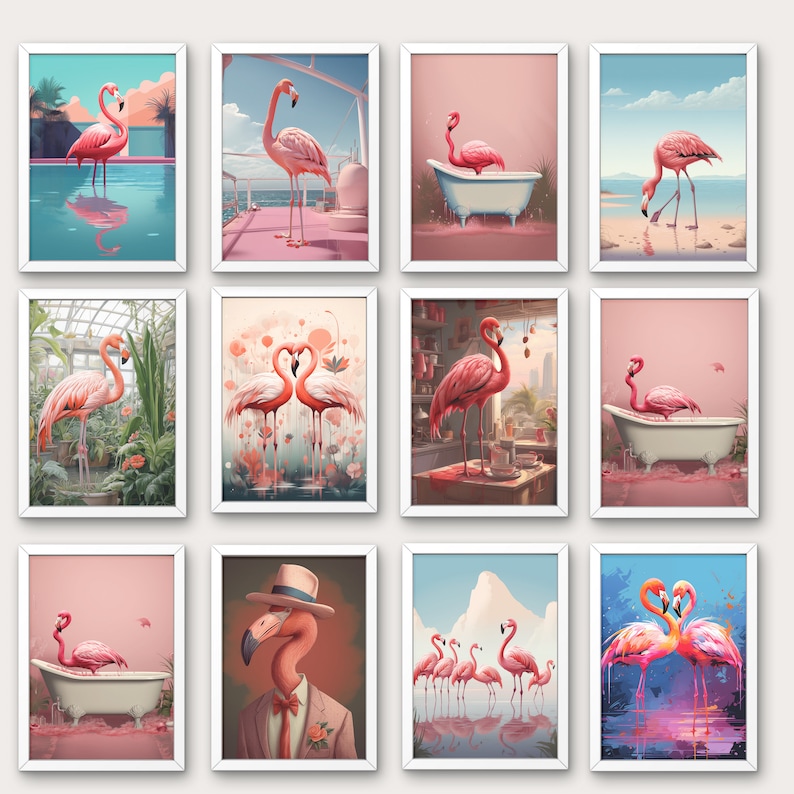 Flamingo Prints Set of 40 | Digital Downloads for Tropical Wall Decor ...