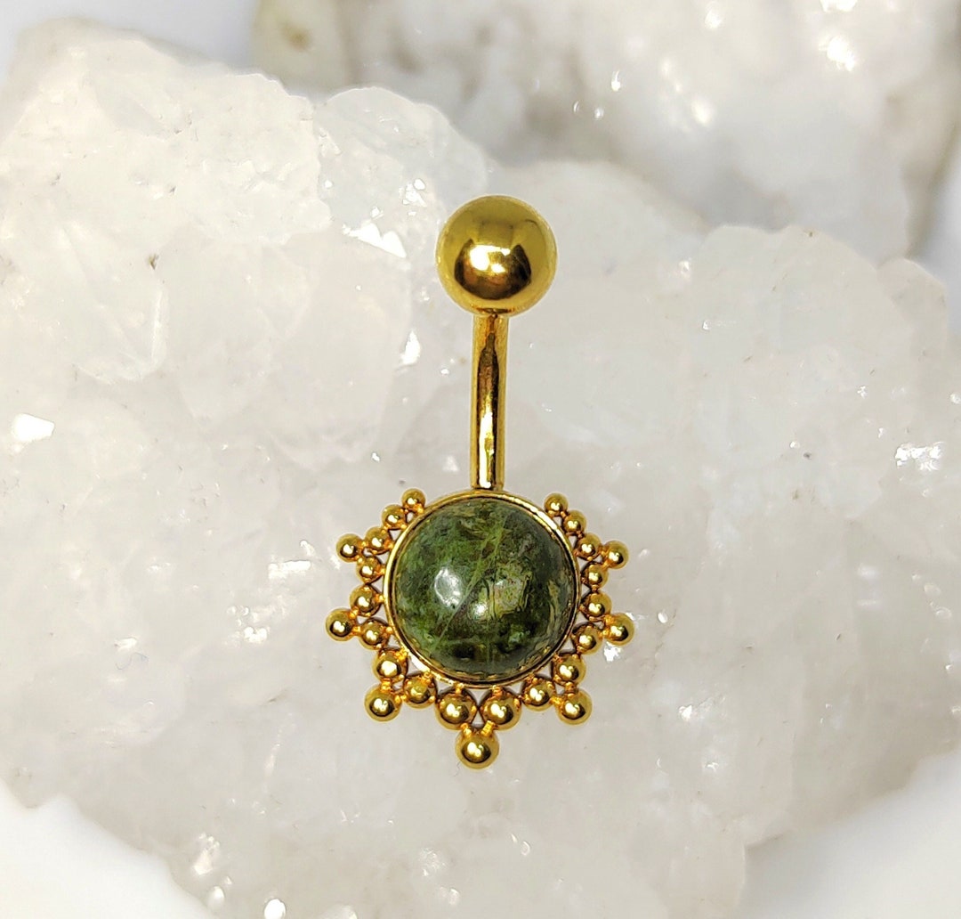 Enya Gold Navel Piercing With African Jade Gemstone, Belly Bar Surgical ...