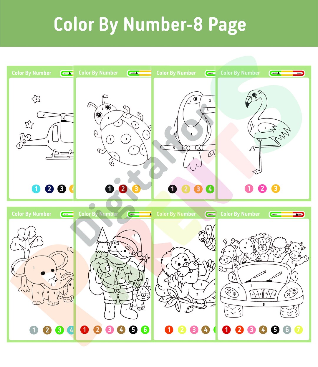 8 Cute Color by Number Pages for Kids Activity Book for Boys - Etsy