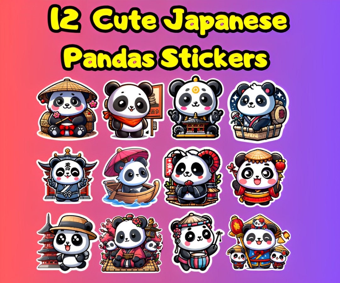 12 Cute Japanese Pandas Stickers, Kawaii Pandas Digital Stickers for Panda Lovers, Adorable ...
