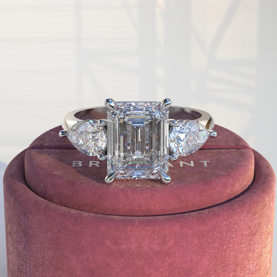 3 Carat Emerald Cut Lab Diamond Ring, Platinum Engagement Ring, White ...