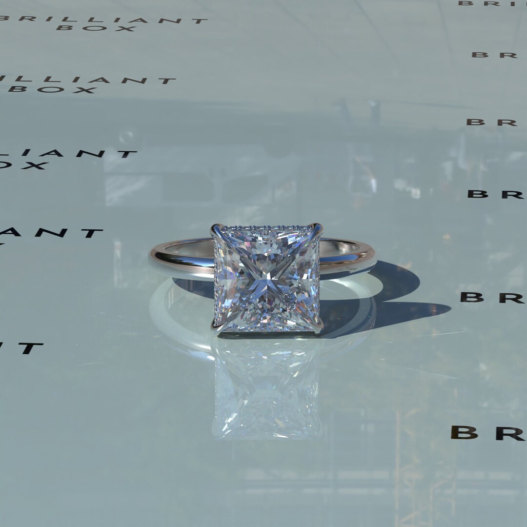 3 Carat Princess Cut Hidden Halo Engagement Ring- 18K Solid Gold Lab ...