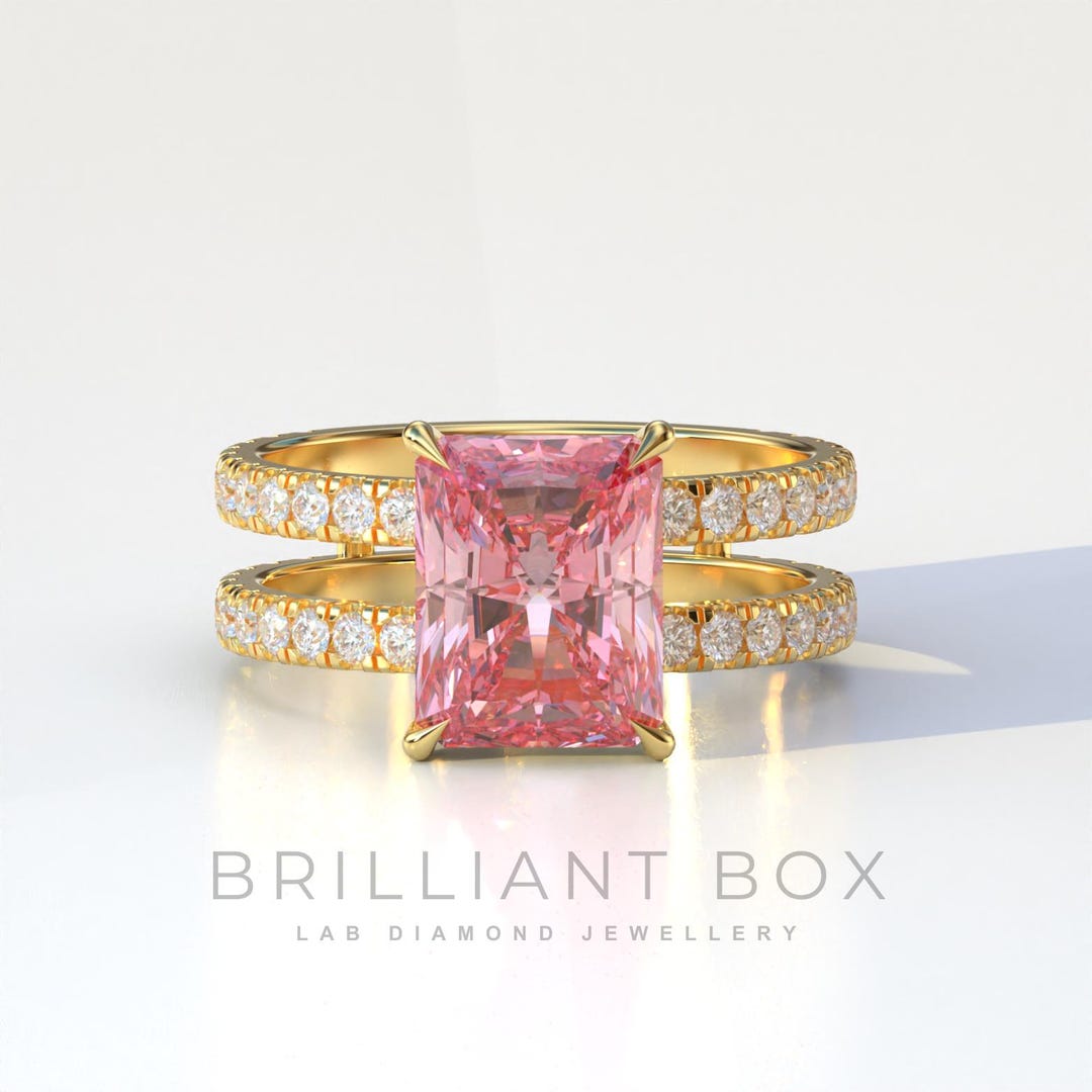 3 CT Radiant Cut Pink Lab Grown Diamond Engagement Ring - Unique Double ...