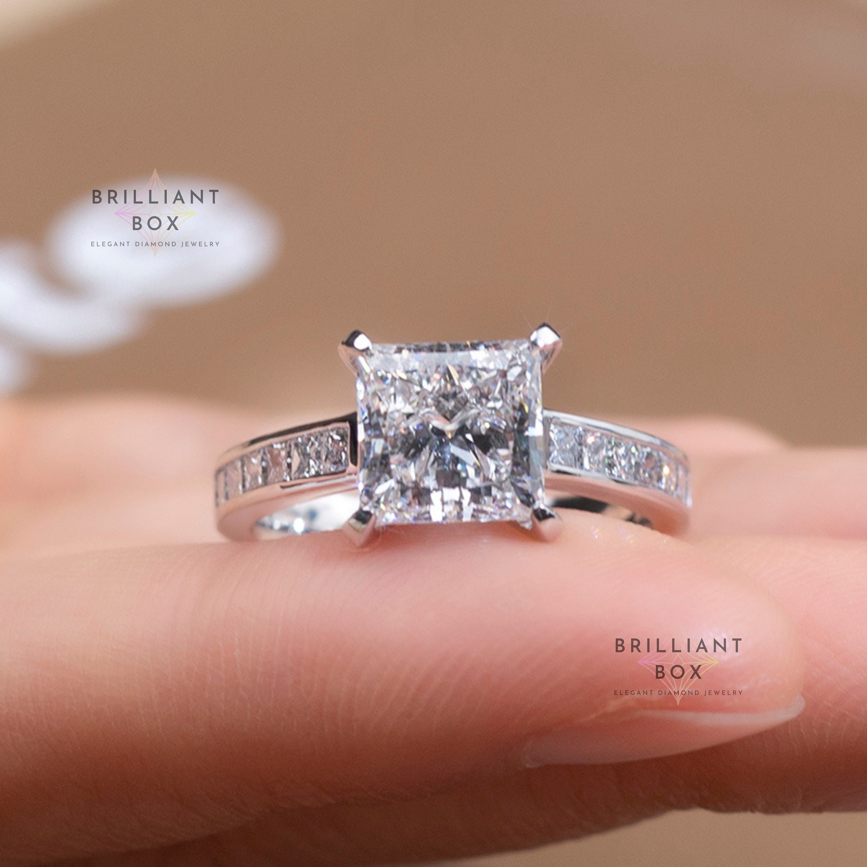 2 Carat Princess Moissanite Diamond Ring, Square Pave Setting, Square ...