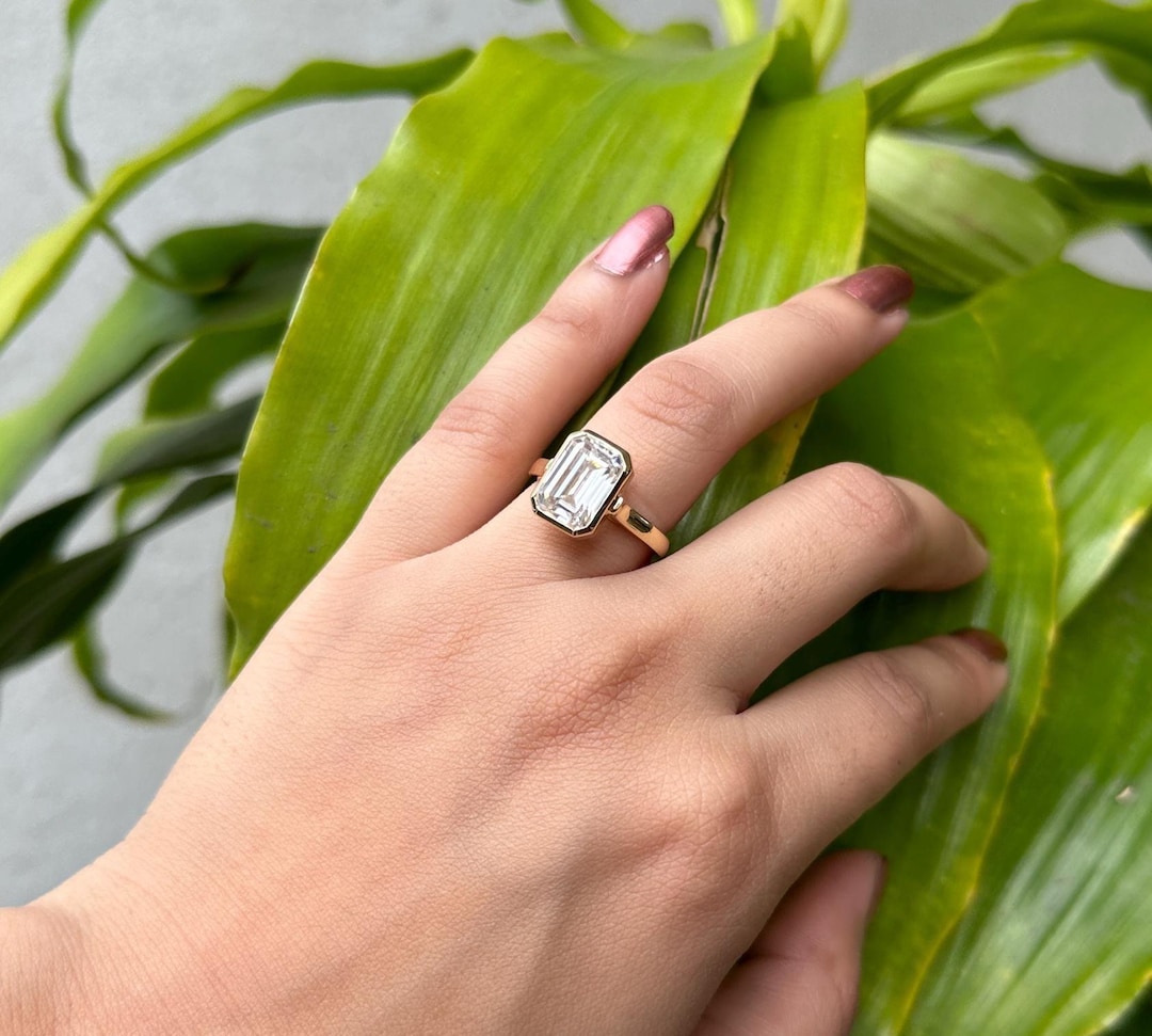 Vintage Bezel Set 4CT Emerald Cut Lab Diamond Engagement Ring Set ...