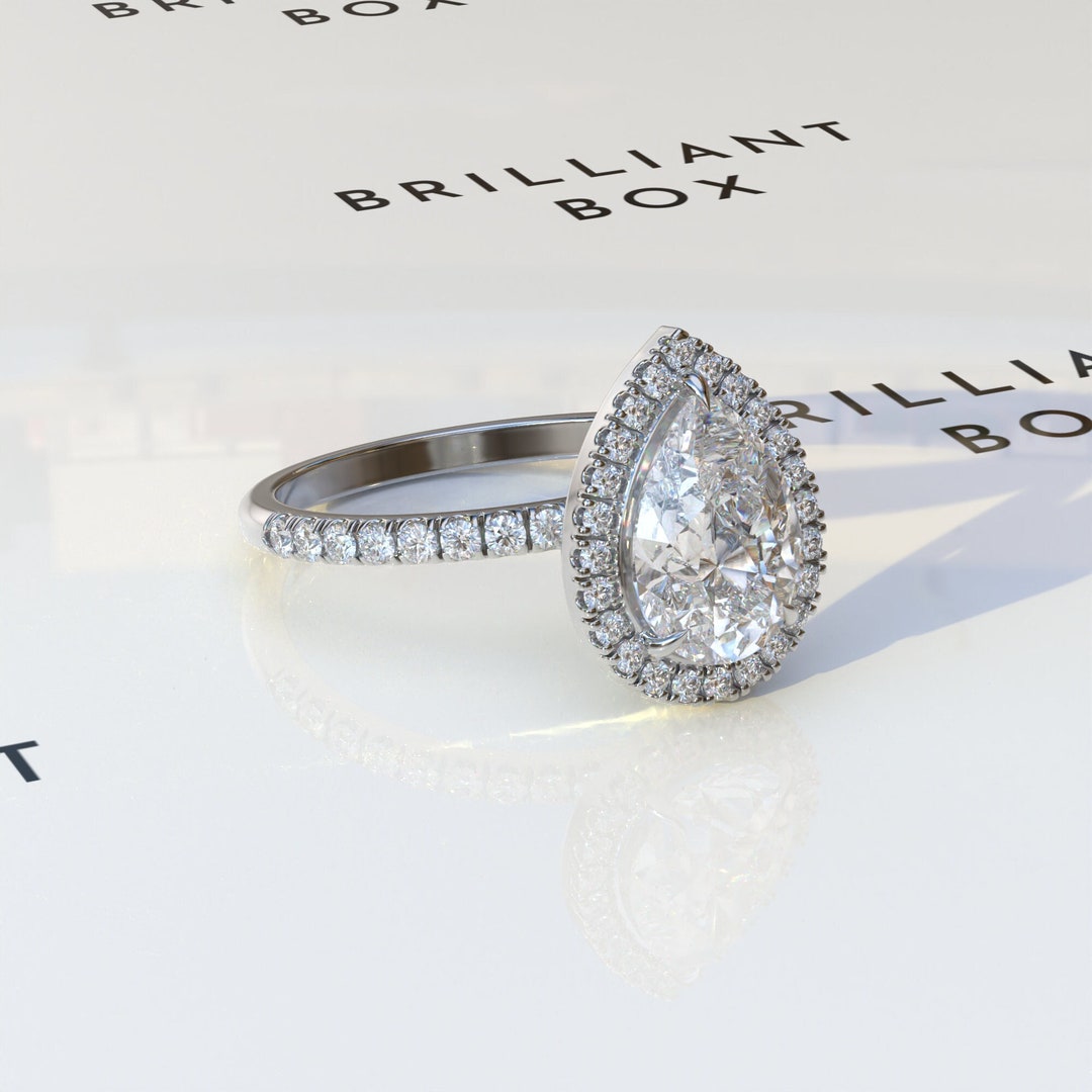 2 Carat Pear Shaped Engagement Ring Pear Cut Lab Diamond Ring Halo Pave ...