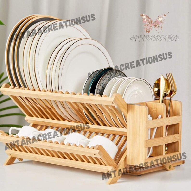 3 Tier Wooden Dish Drying Rack With Utensil Holder | Bamboo Plate Rack ...