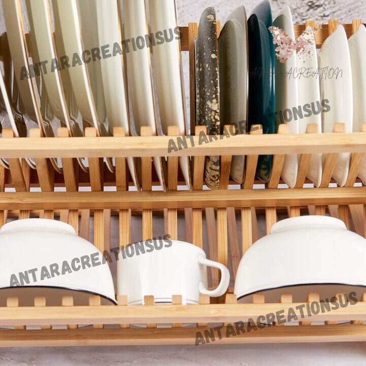 3 Tier Wooden Dish Drying Rack With Utensil Holder | Bamboo Plate Rack ...