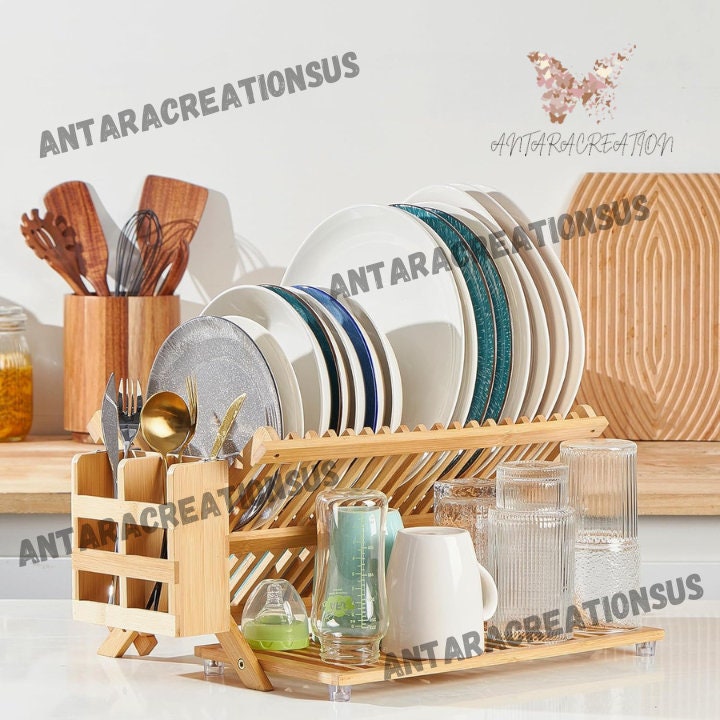 3 Tier Wooden Dish Drying Rack With Utensil Holder | Bamboo Plate Rack ...