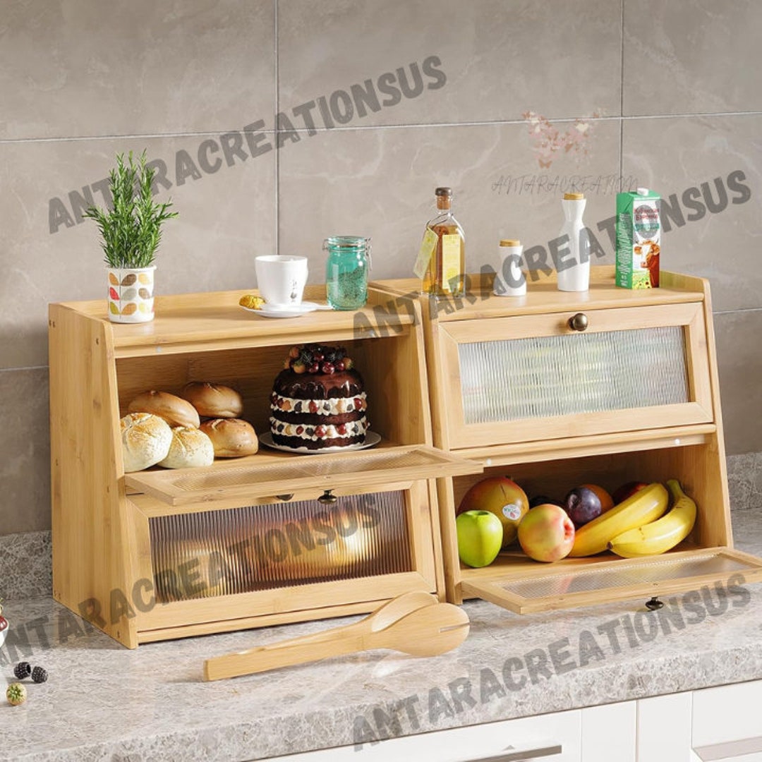 Double Layer Wooden Bread Box | Bread Box Countertop | Bread Display ...