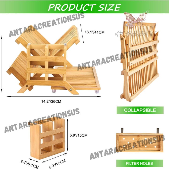 3 Tier Wooden Dish Drying Rack With Utensil Holder | Bamboo Plate Rack ...