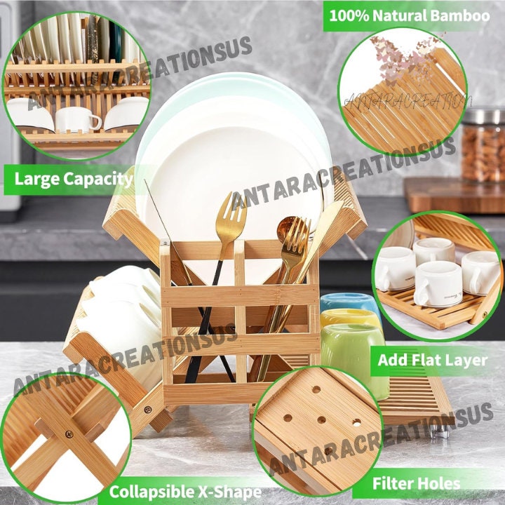 3 Tier Wooden Dish Drying Rack With Utensil Holder | Bamboo Plate Rack ...