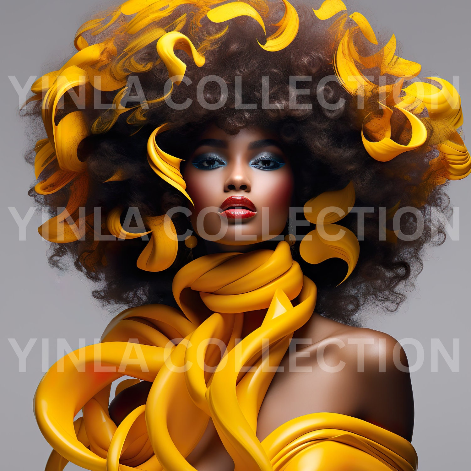 Celebrating Yellow Afro Illustration Woman, Printable Art, Digital ...