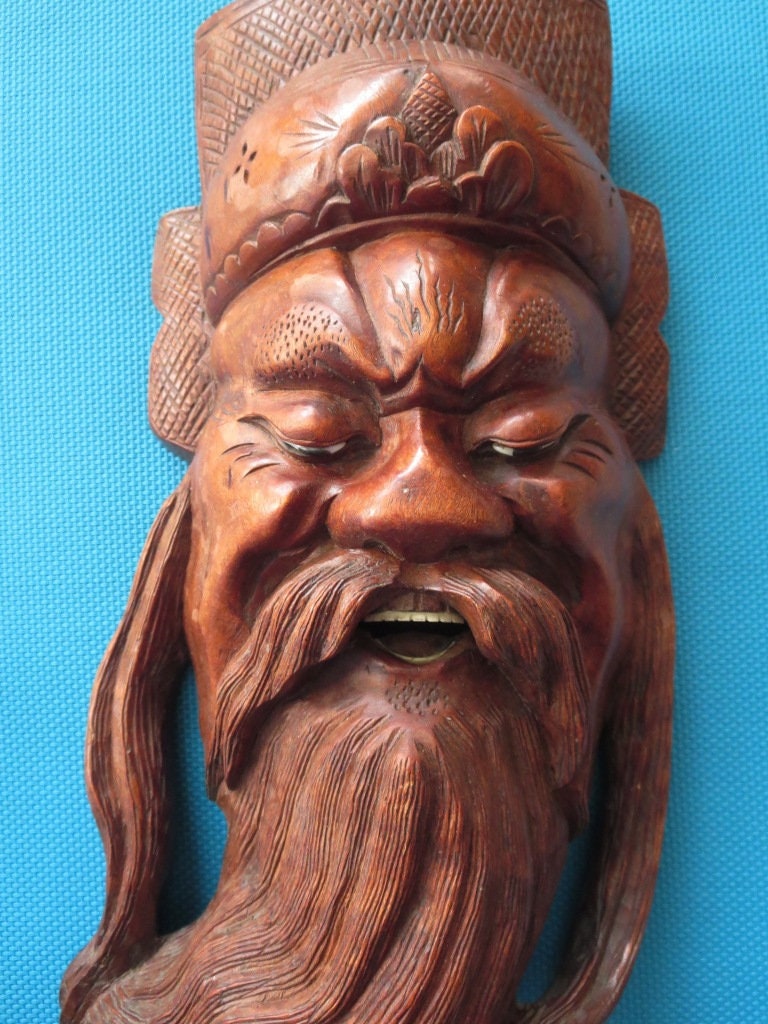 Antique Chinese Emperor Wooden Hand Carved Wall Mask, Inlaid Eyes - Etsy