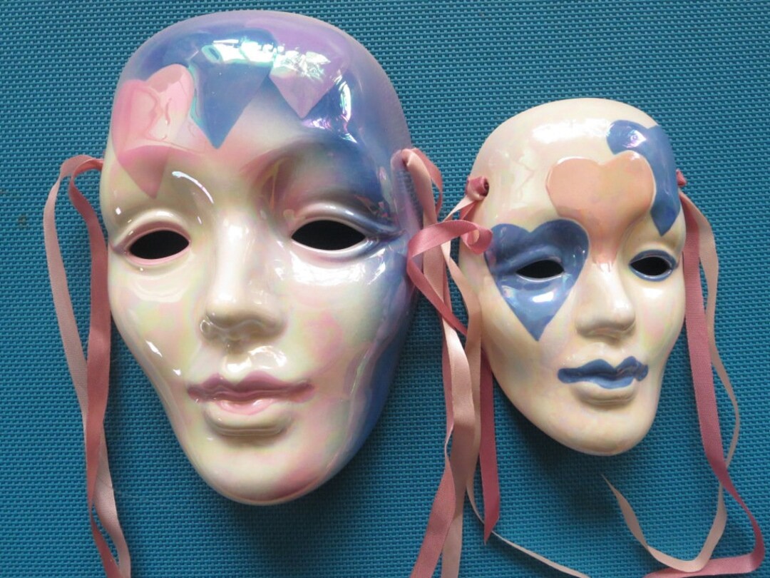 TWO Ceramic Face Wall Masks, New Orleans Hand Painted Wall Hangings ...