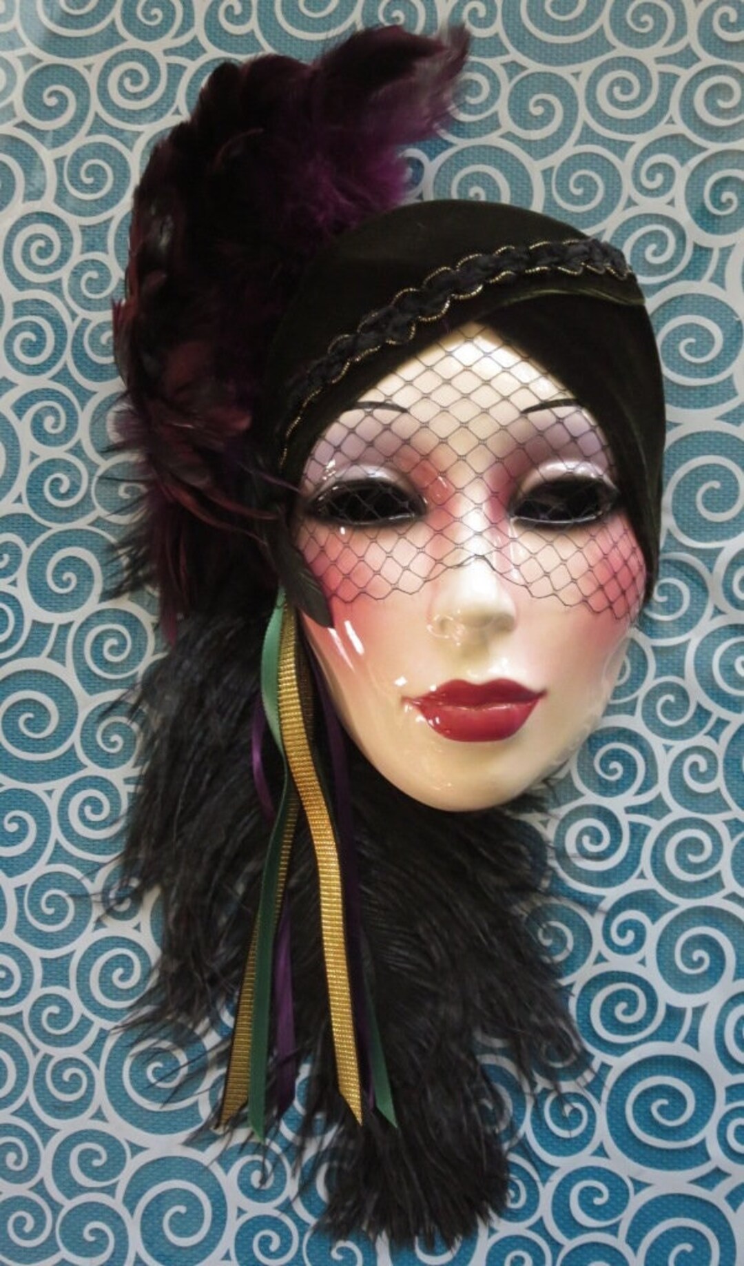 Clay Art Ceramic Face Wall Mask With Black & Maroon Feathers Wall ...